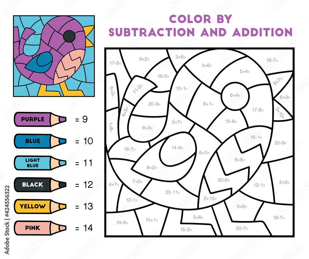 Color by addition and subtraction, education game for kids, Little bird ...