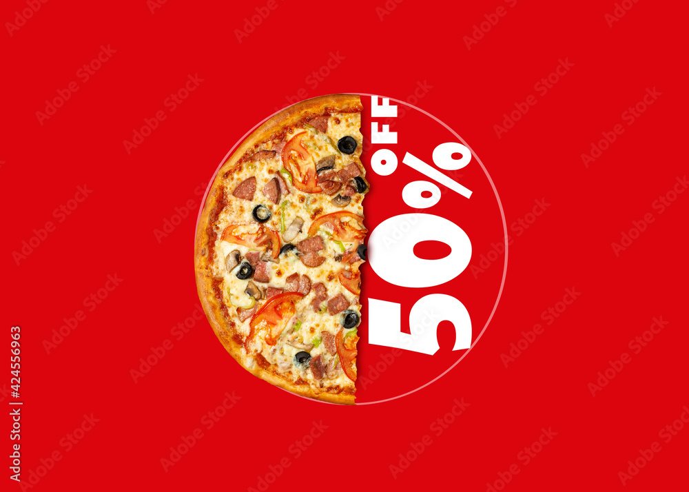 pizza offer concept. 50% off with half pizza. Top view pizza, red ...