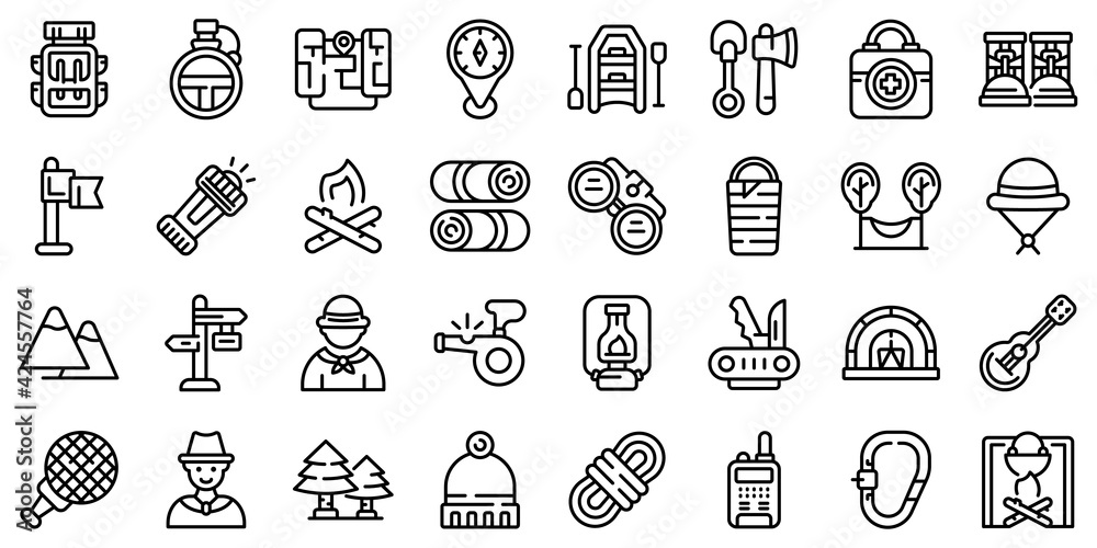 Scouting icons set. Outline set of scouting vector icons for web design ...