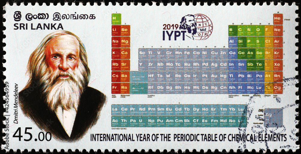 Dmitri Mendeleev and his periodic table of elements on stamp Stock ...