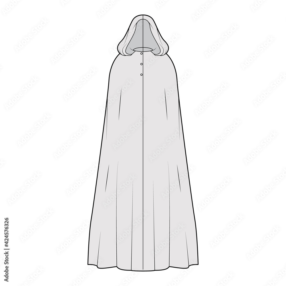 Cloak coat technical fashion illustration with hood, oversized trapeze ...