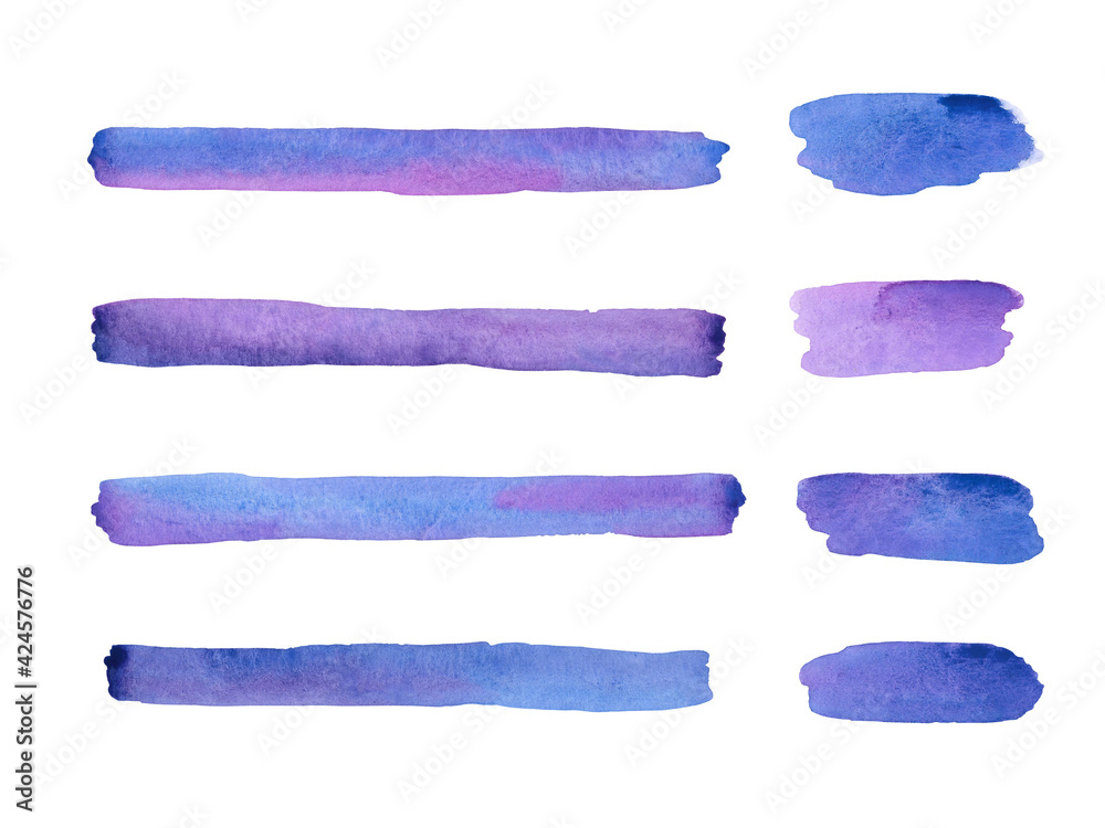 Watercolor violet, purple and blue color swatches set. Stripes and ...