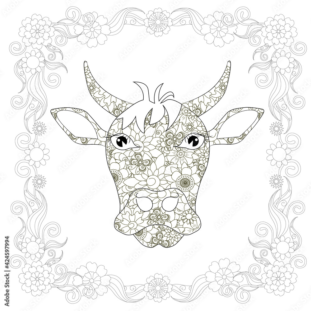 Monochrome doodle hand drawn stylized cow in flowers frame. Anti stress ...