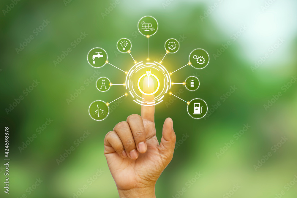 Businessmen click on the icon of the switch to save energy, including ...