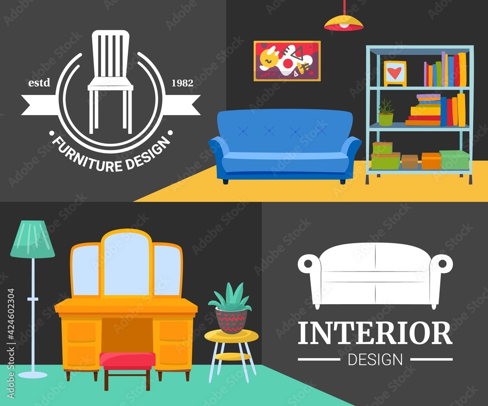 Interior design with modern furniture, shop logo set, vector ...