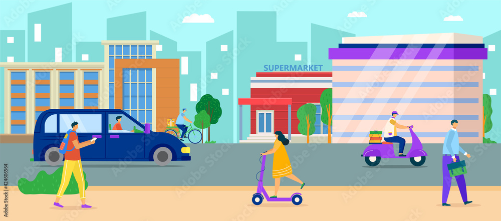 City urban road, vector illustration. Flat people charcater walk at ...