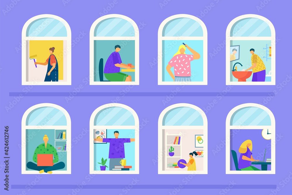People in building house, vector illustration. Man woman person ...