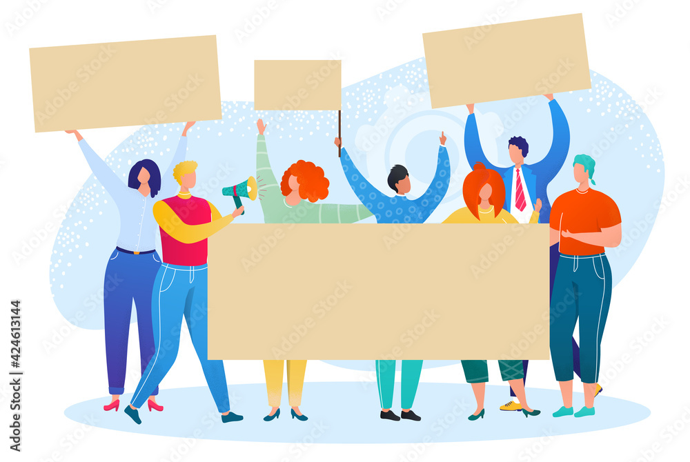Crowd people group protest with banner, activist demonstration vector ...