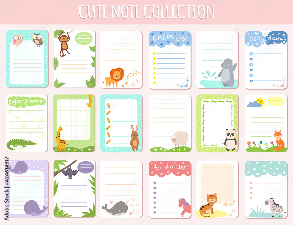 Cute notes collection, vector illustration. Kids daily planner banner ...