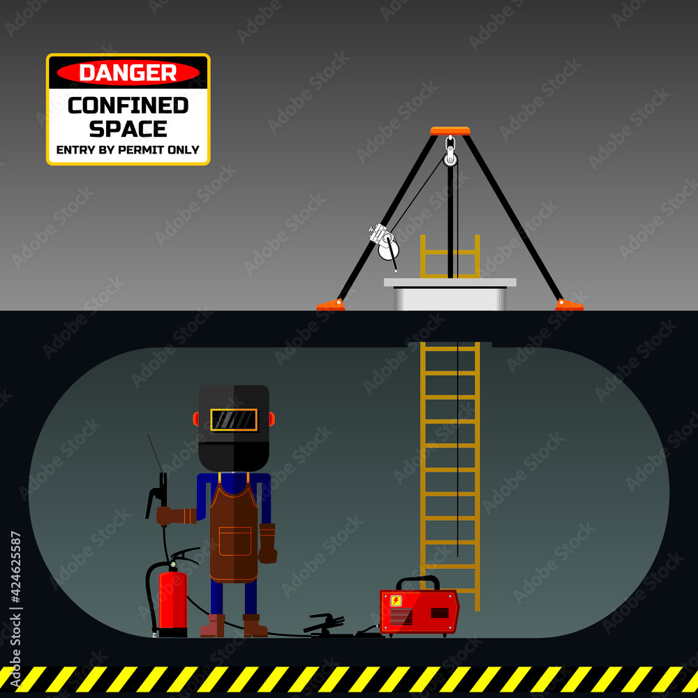 Worker doing hot work on the tank of confined space entry. Stock Vector ...
