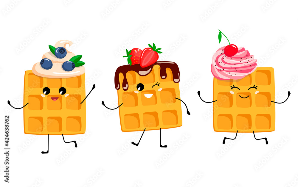 cute viennese kawaii waffles. desserts and sweets. cartoon style ...