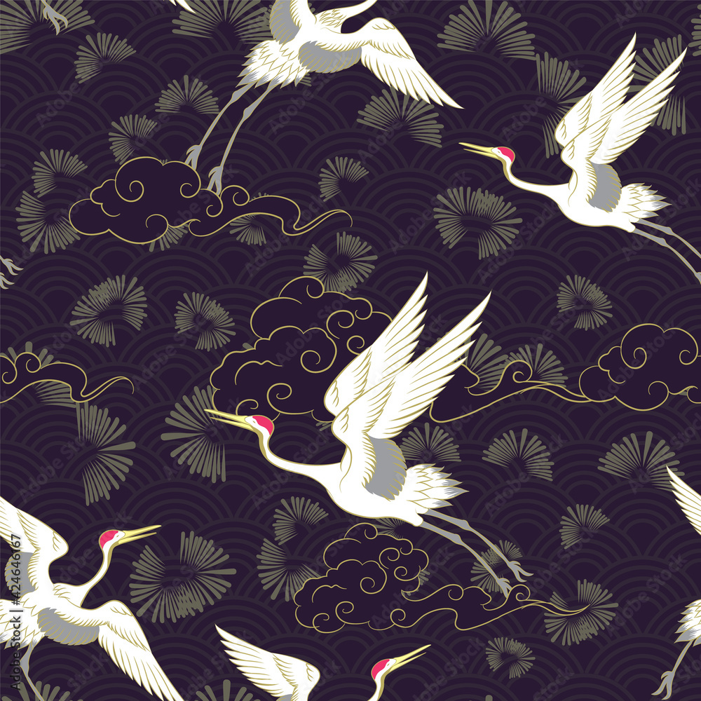 Seamless Japanese Repeat Pattern Standing and Flying Cranes with Many ...