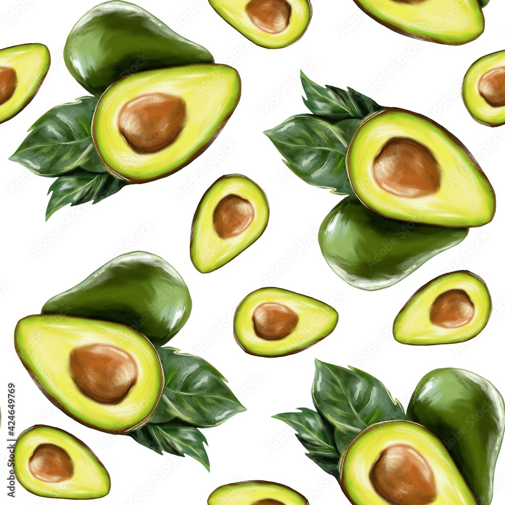 Seamless bitmap green avocado on a white background, pattern. Half and ...