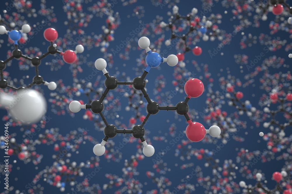Anthranilic acid molecule, ball-and-stick molecular conceptual model. Scientific 3d rendering ...