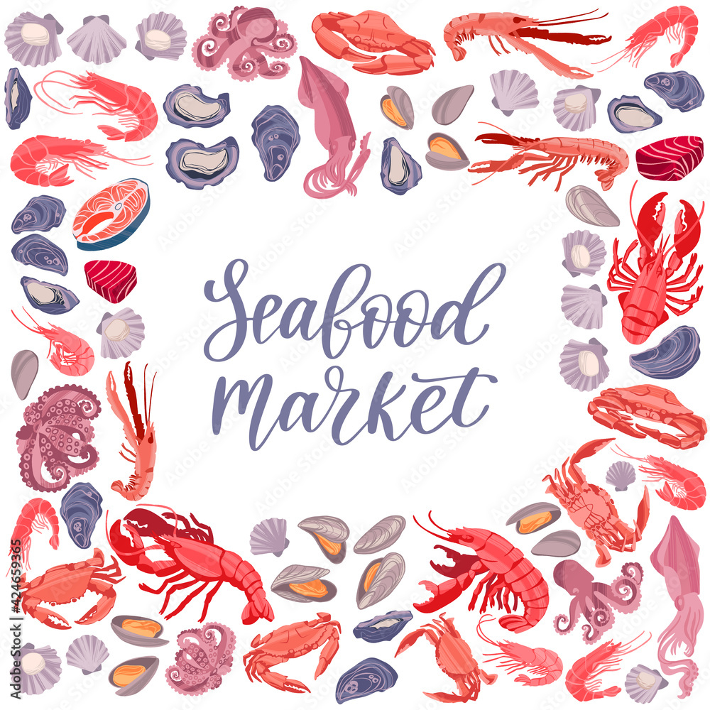 Seafood poster. Decorative frame with shrimps, lobsters, salmon ...