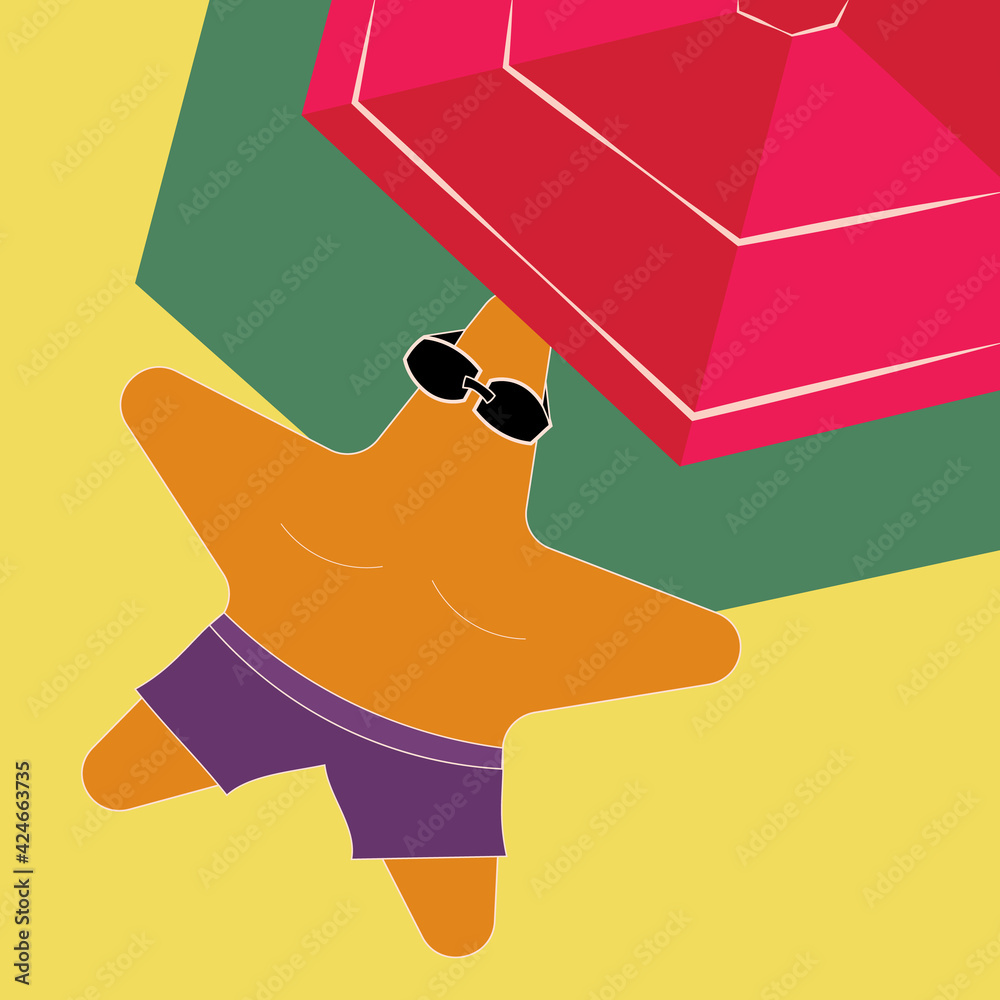 Starfish cartoon character, sunbathing on the beach, summer holidays ...