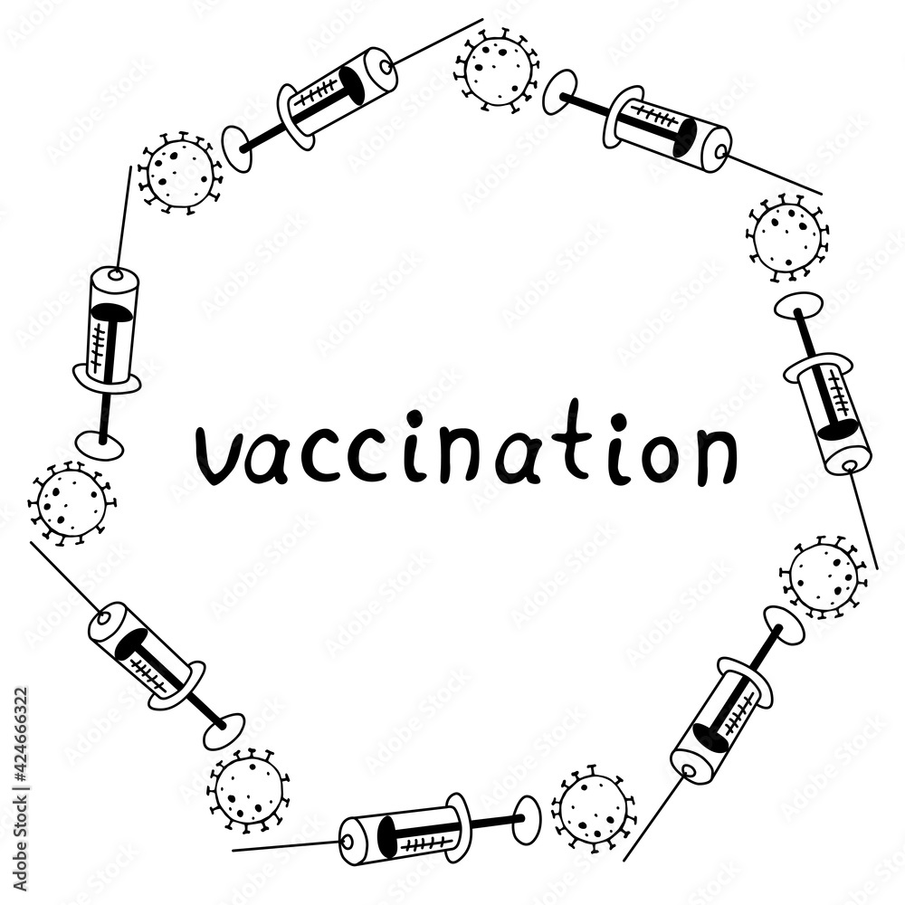 Vector round frame and lettering vaccination. Contour molecules ...