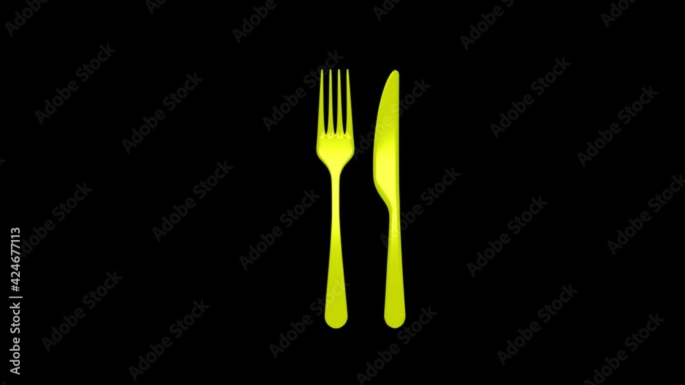 Yellow fork and spoon are rotating around three axis, isolated on black ...