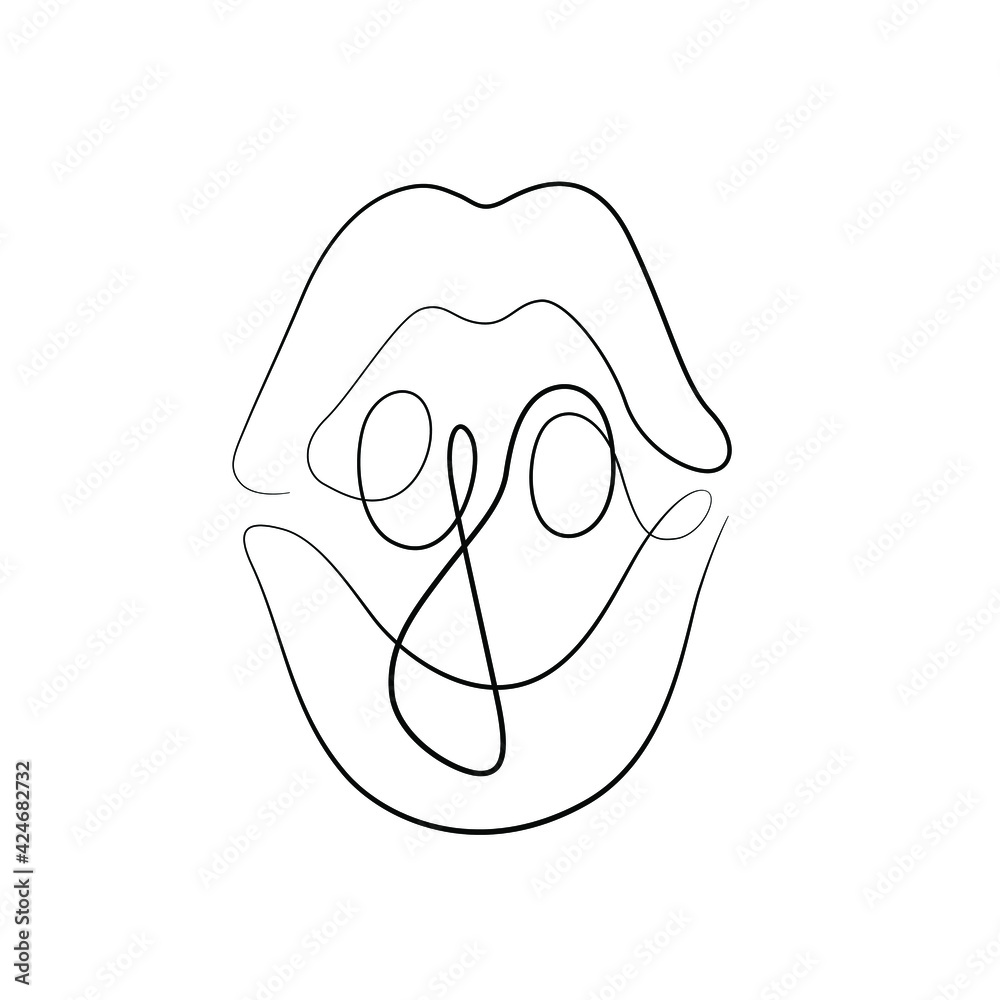 Lips abstract print, continuous line drawing, female mouth, small ...