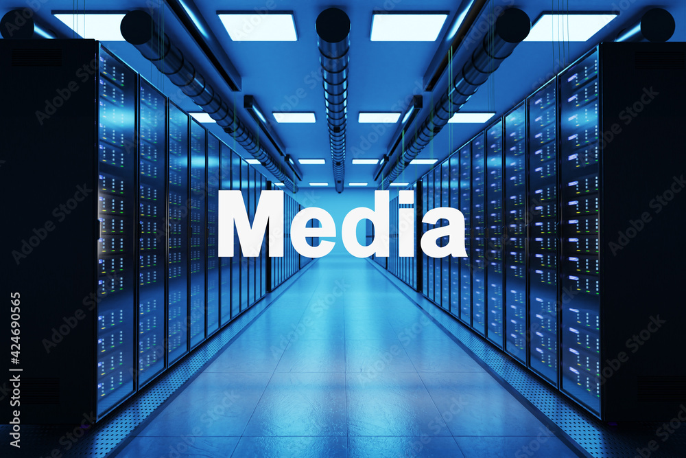 media logo in large modern data center with multiple rows of network ...
