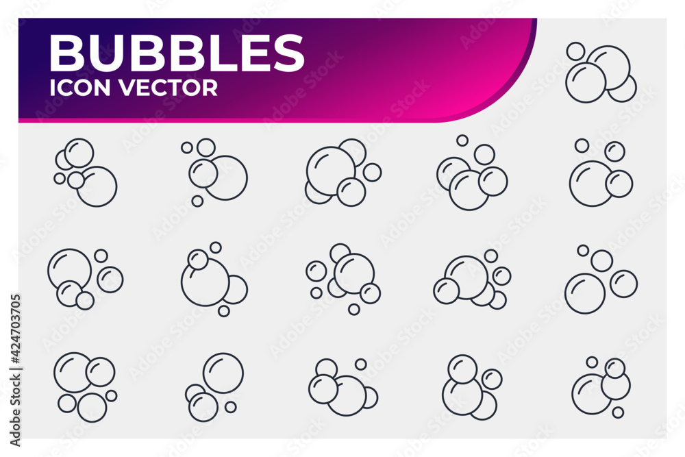 Set of Bubbles icon. Soap foam, fizzy drink, oxygen bubble pictogram ...