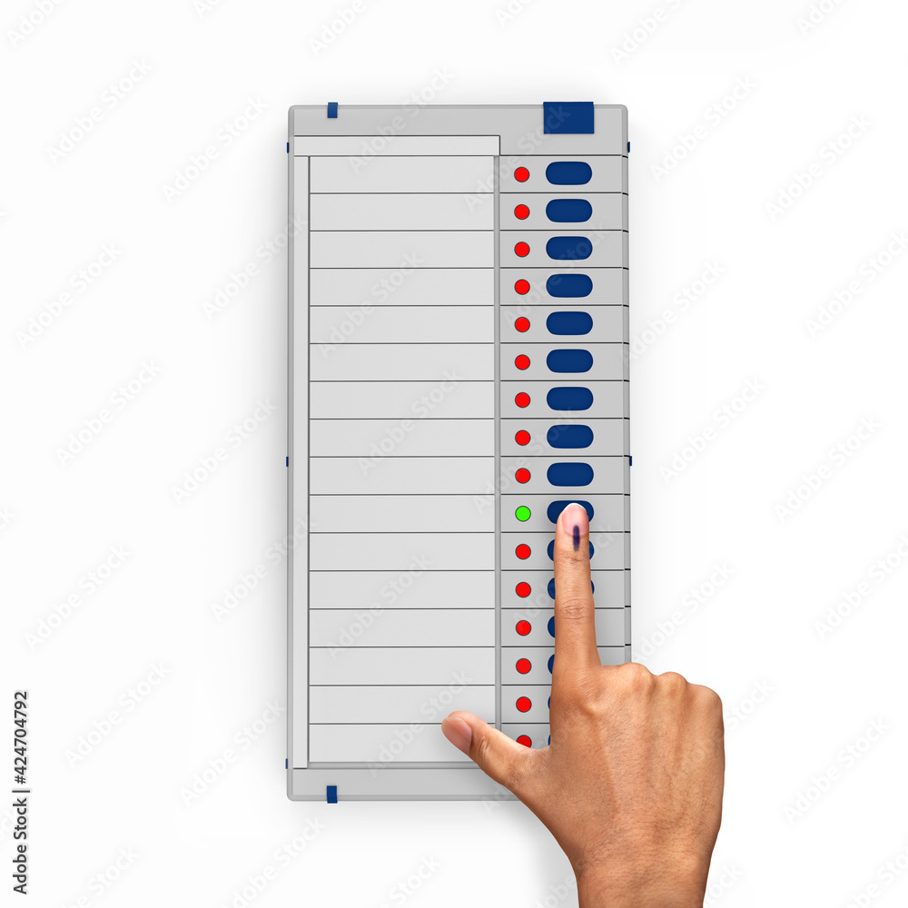 Electronic Voting Machine, EVM with male hand voting sign pressing ...