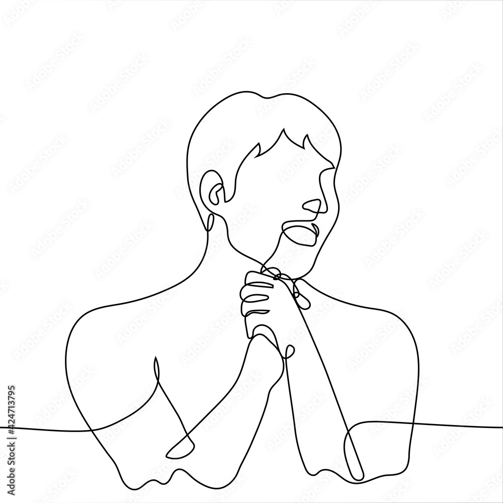 man happy - one line drawing. man folded his hands and opened his mouth ...