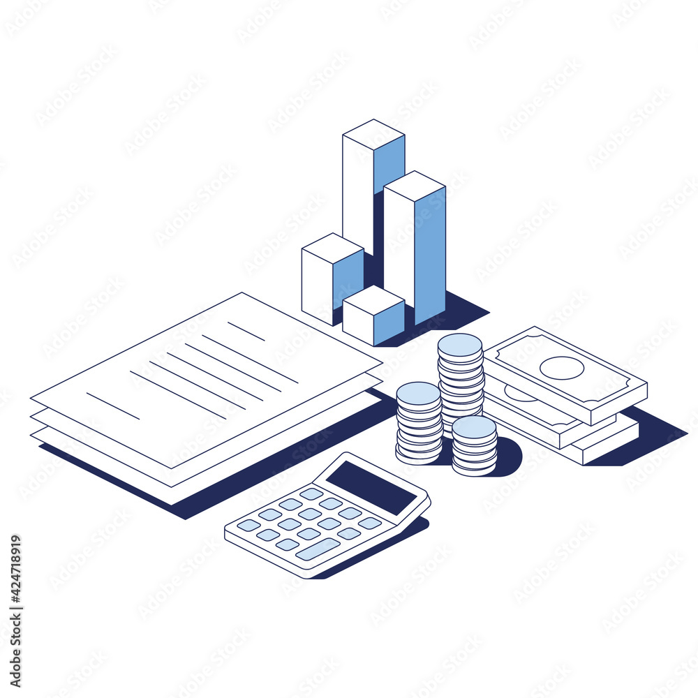 Economics, finance documents, calculations and analytics. Vector 3d ...