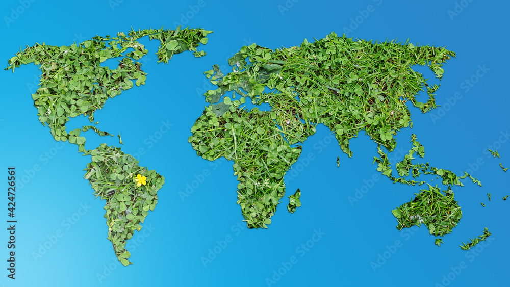 World map made of uncultivated grass lawn and plants on blue background ...