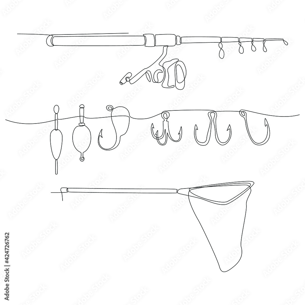 continuous line drawing of fishing equipment vector illustration Stock ...