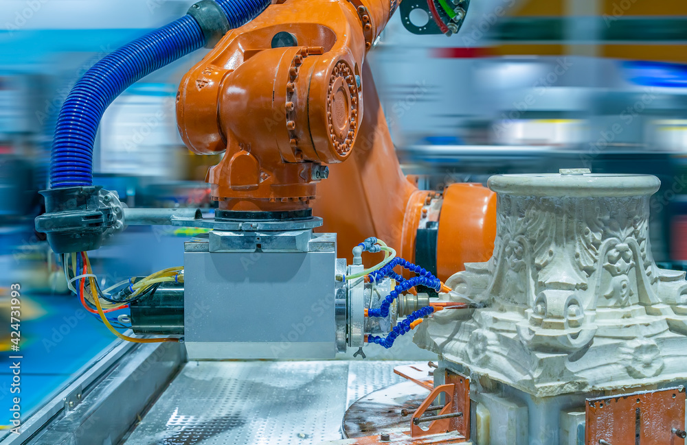 Milling machine cutting marble workpiece at futuristic technology ...