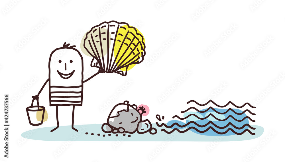 Cartoon Man on the beach, Picking Shells Stock Vector | Adobe Stock