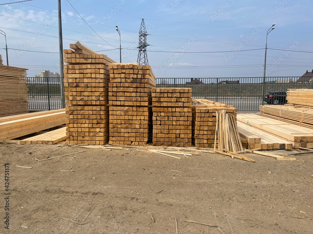 Wooden boards, lumber, industrial wood, timber. Pine wood timber stack ...