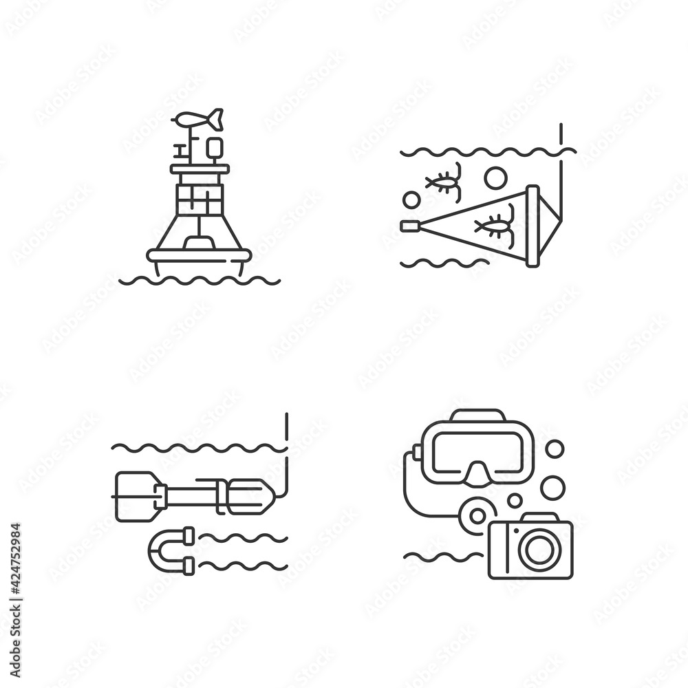 Marine exploration linear icons set. Weather buoy system. Plankton net ...