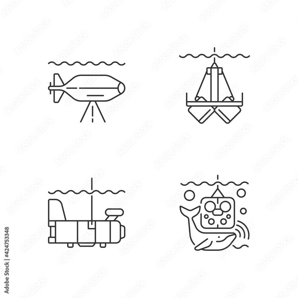 Marine exploration linear icons set. Underwater inspection devices and ...