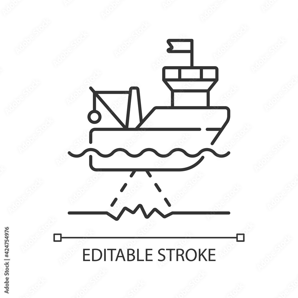 Seafloor mapping linear icon. Pulsing seafloor with series of soundings ...