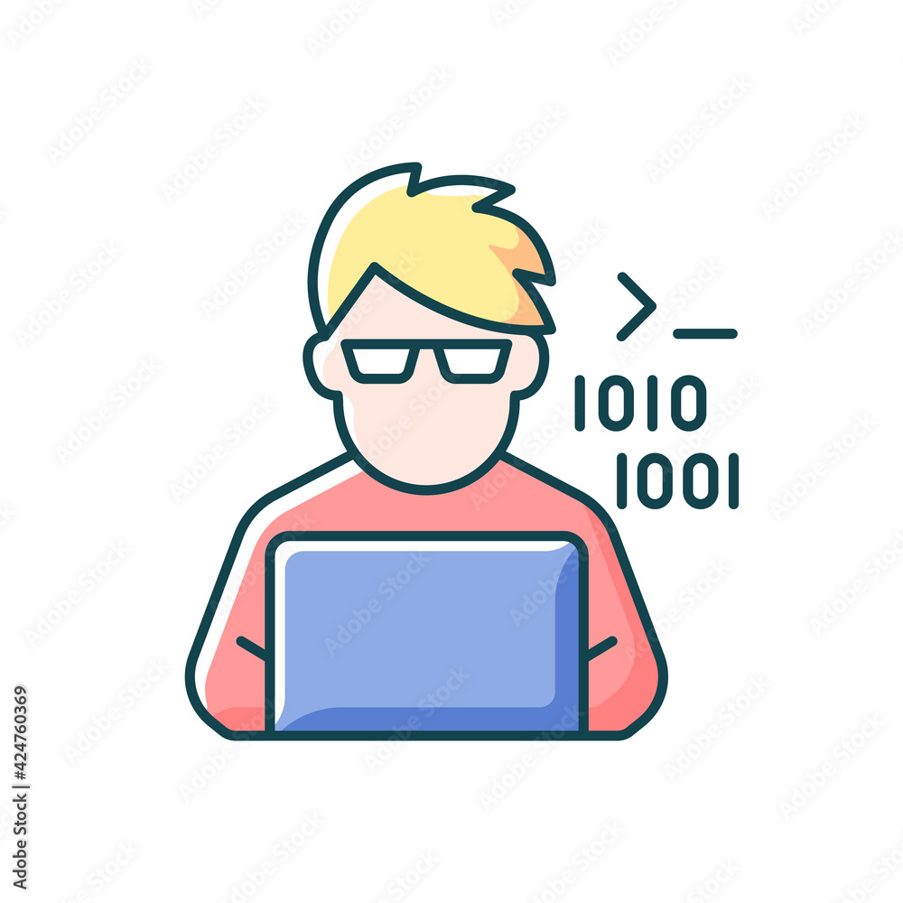 Programmer, computer expert RGB color icon. Man coding on laptop ...