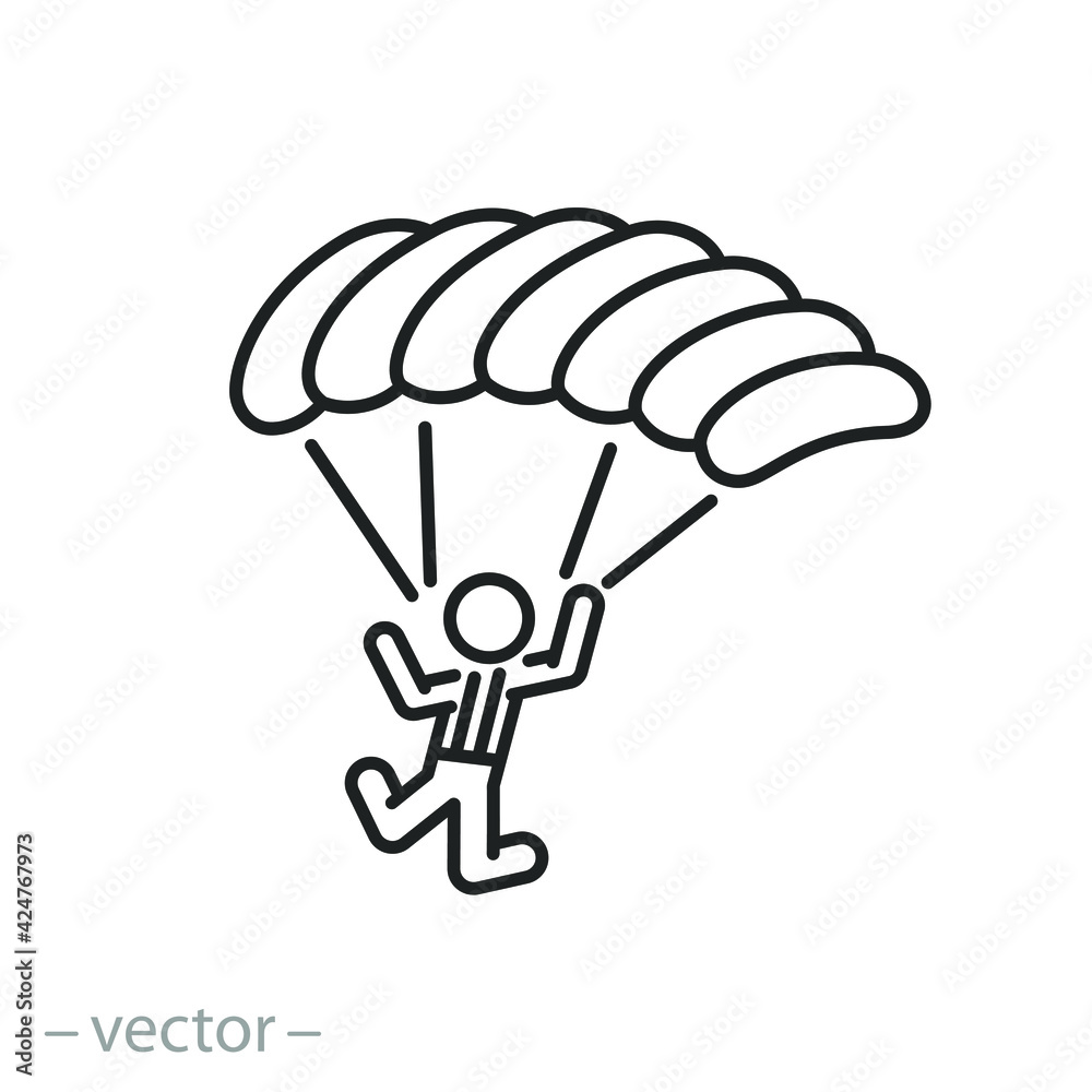 skydive icon, paratrooper with parachute, landing gliding, man in the ...