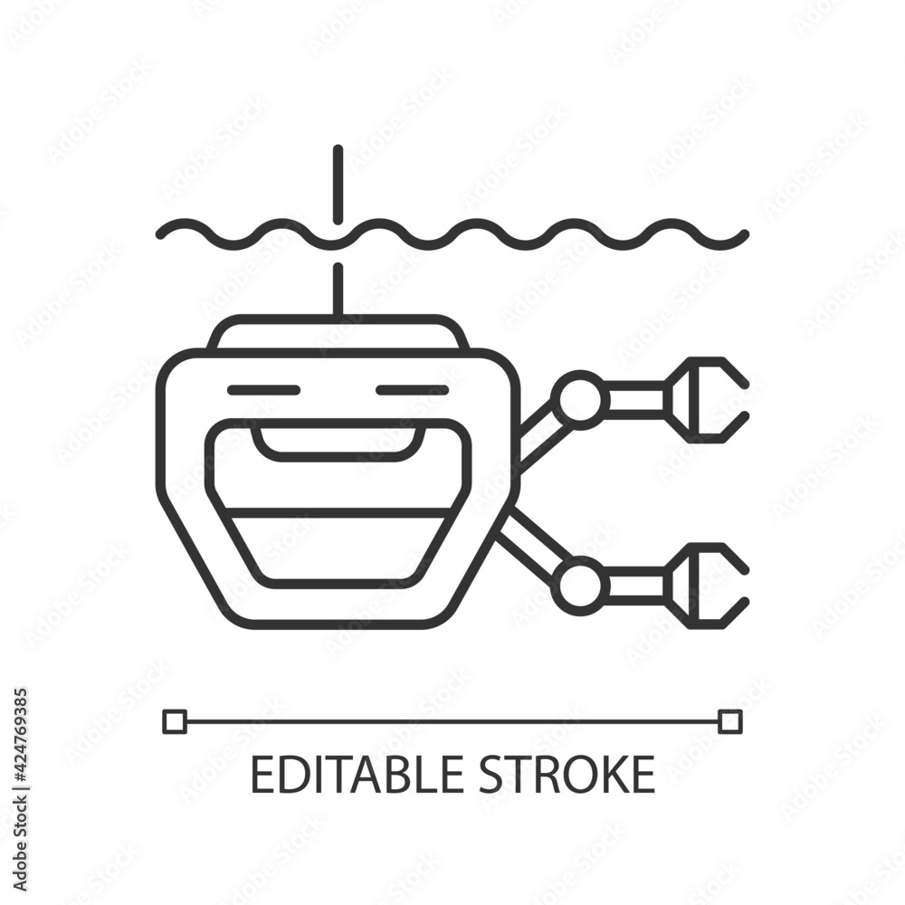 ROV linear icon. Remotely operated underwater vehicle is tethered ...