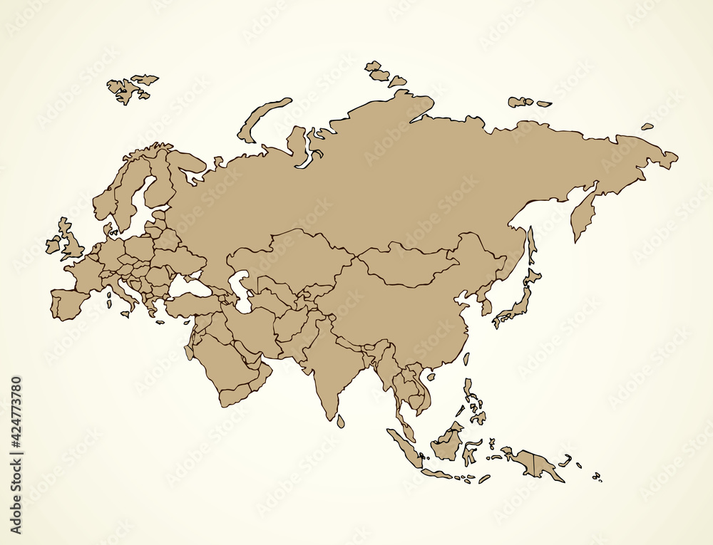 Eurasia. Continent with the contours of the countries. Vector drawing ...