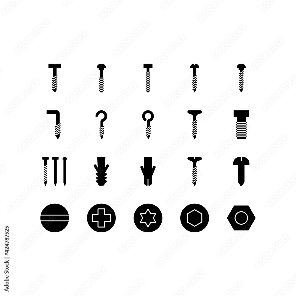 Icon set of screw and nails, nuts, bolts, rivets and nails for ...