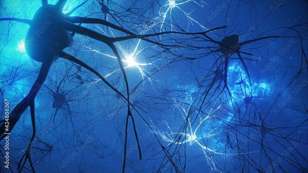 3d illustration of the activity of neurons and synapses. Neural connections in outer space ...