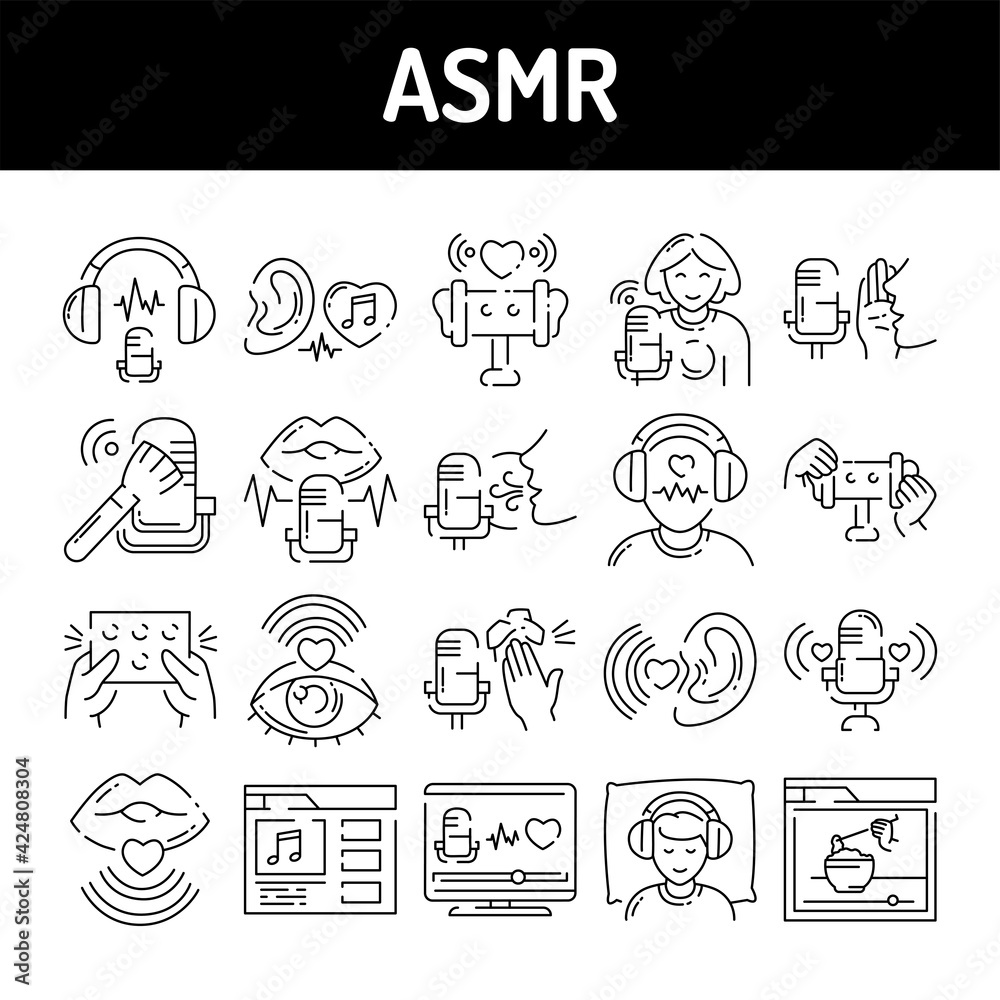 Asmr color line icons set. Autonomous sensory meridian response, sound ...