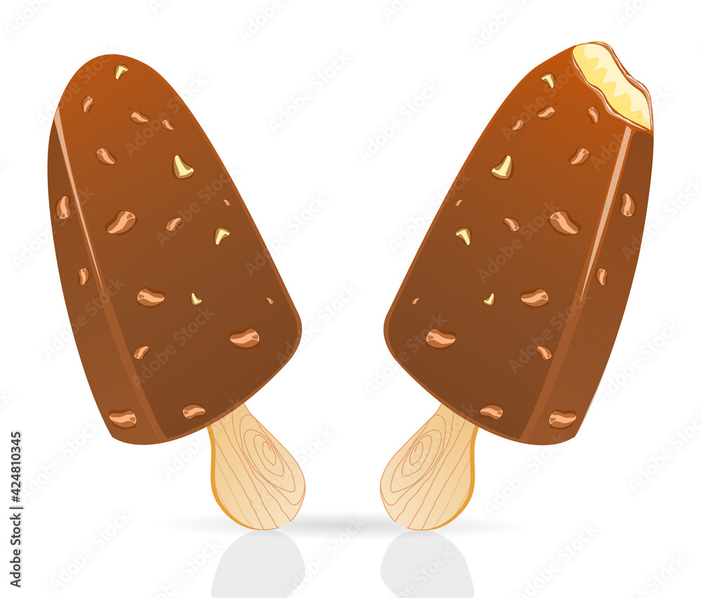 Two popsicle sticks of vanilla ice cream coated with chocolate and ...