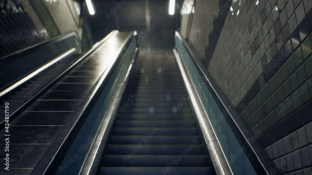 Ascent to the subway along the escalator. Modern city, metro, speed ...