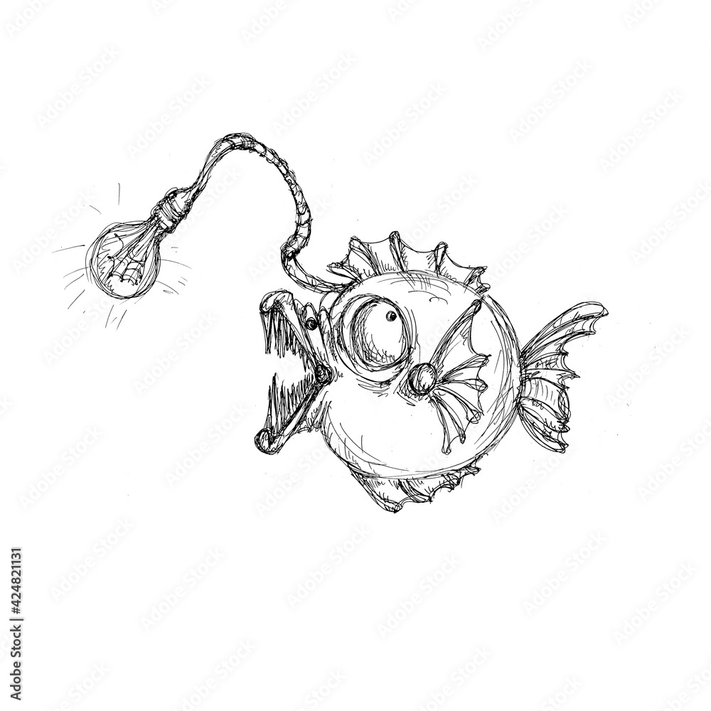 wild predator Angler fish illustration coloring page ink sketch Stock ...