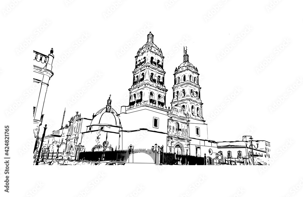 Building view with landmark of Durango is the city in Mexico. Hand ...