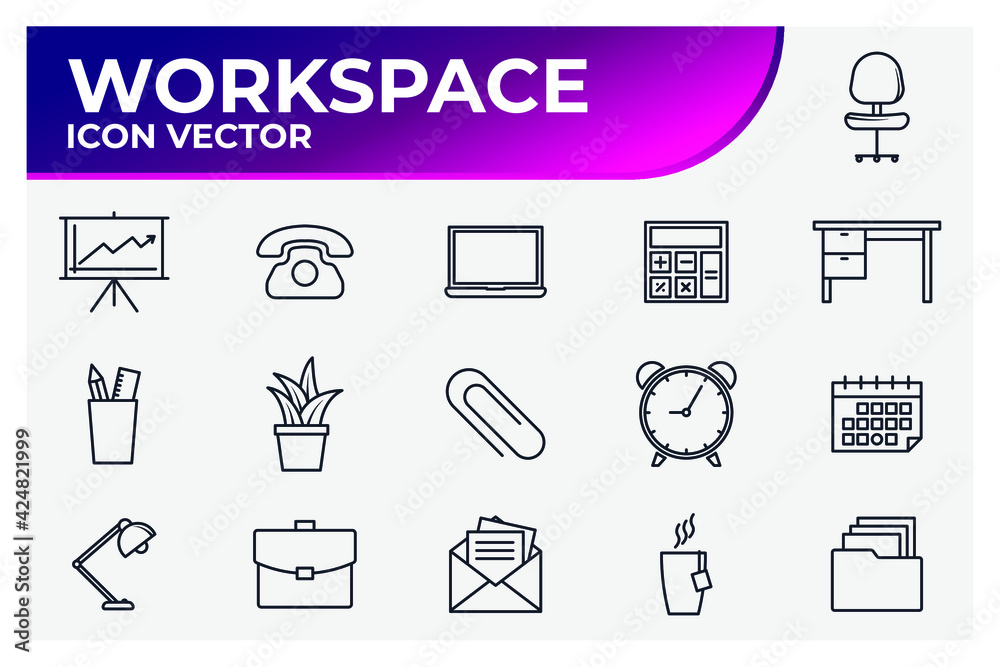 Set of workspace icon. office workspace pack symbol template for ...