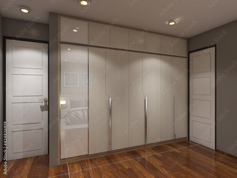 Minimalist wardrobe clothes design with wooden doors cabinet. Using ...