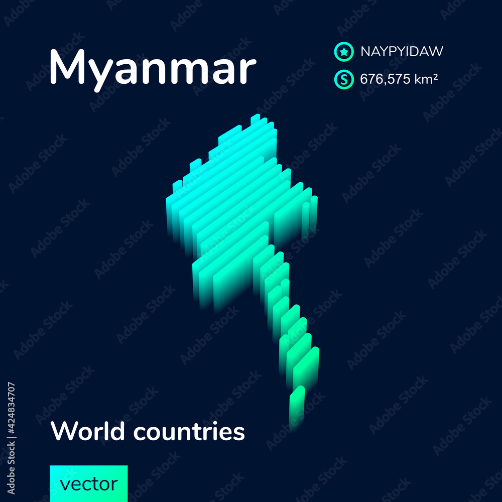 Stylized neon simple digital isometric striped vector Myanmar map, with ...